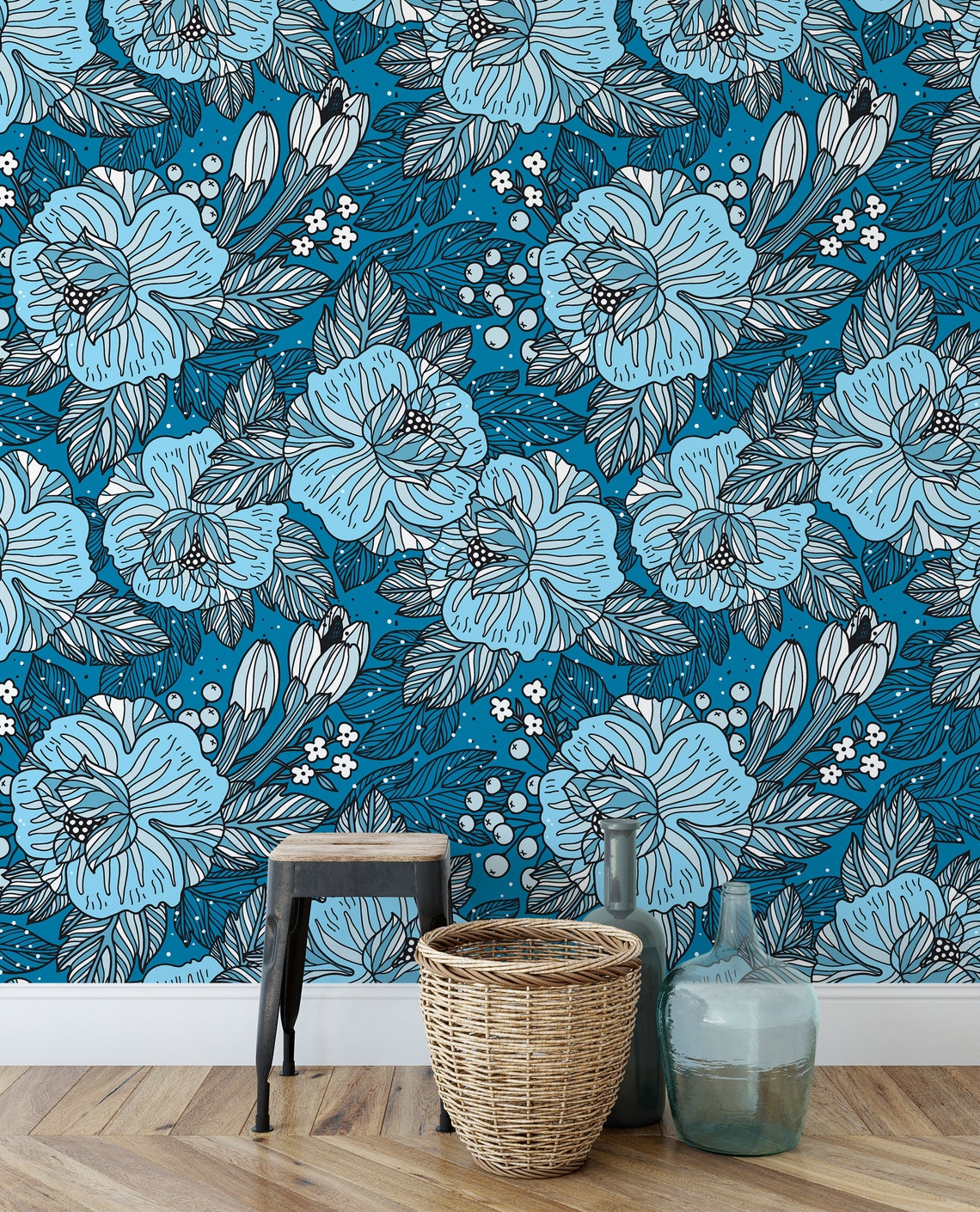 Blue Colored Outlined Floral Peel & Stick Wallpaper, Chic Blue Flower ...