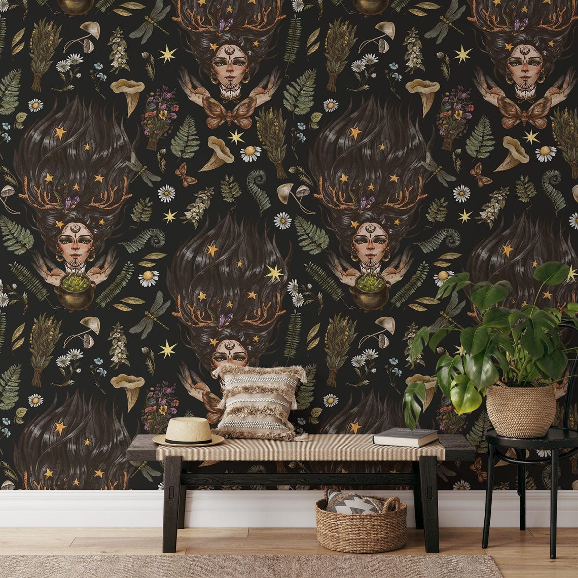 Enchanting Nature Goddess Peel & Stick Wallpaper, Whimsical Dark Witch ...