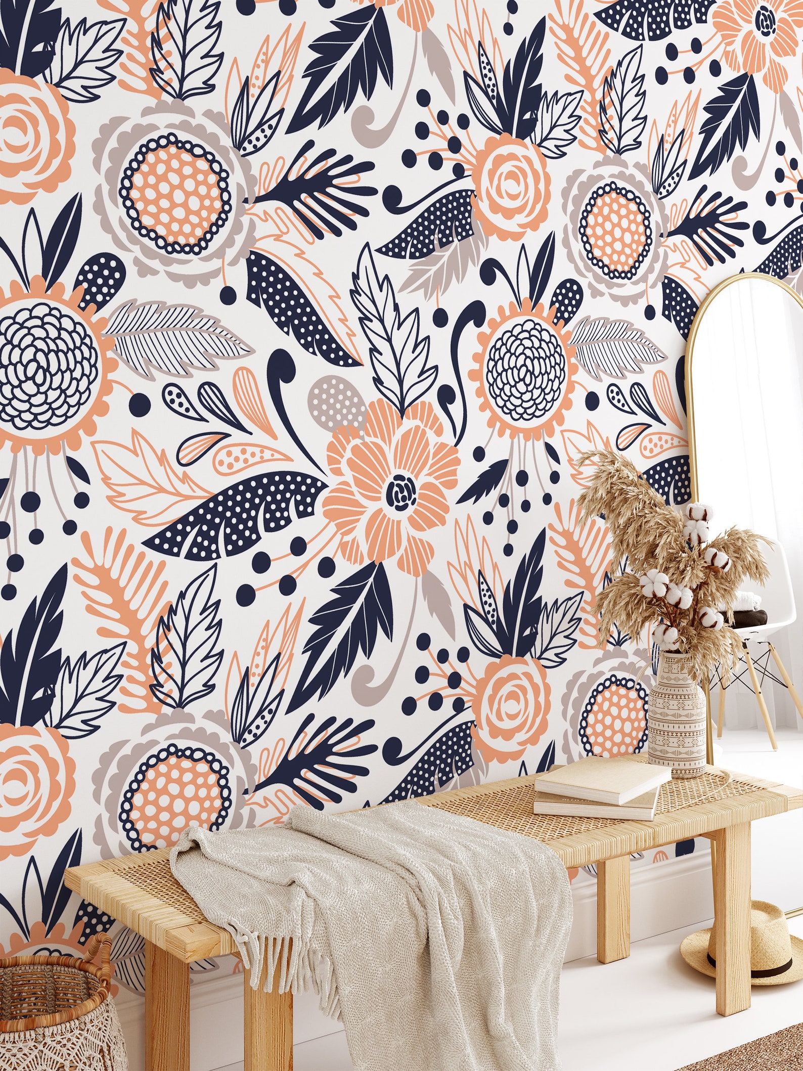 Abstract Floral Flat Art Style Peel & Stick Wallpaper, Contemporary ...