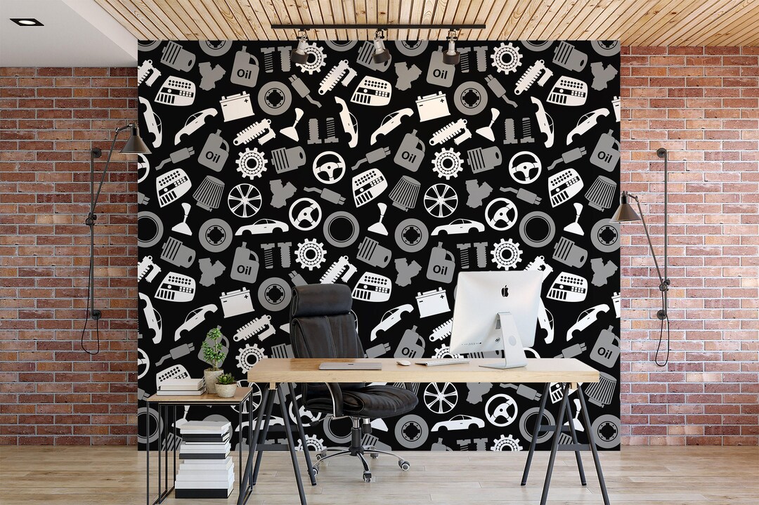 Car Mechanic Tools Peel & Stick Wallpaper, Automotive Pattern Wall ...