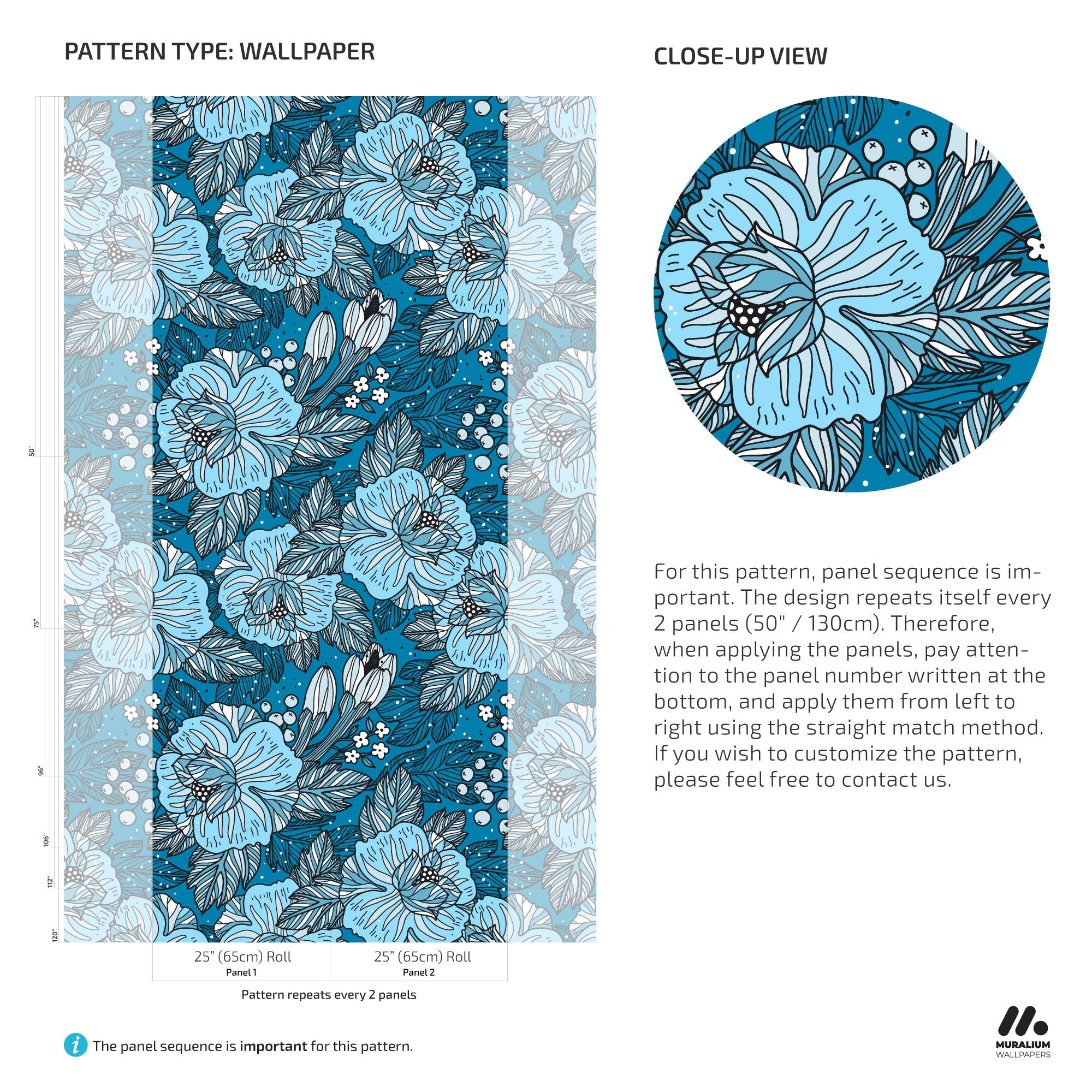 Blue Colored Outlined Floral Peel & Stick Wallpaper, Chic Blue Flower ...