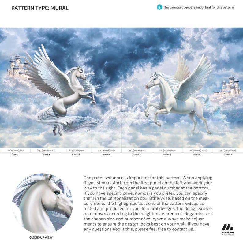 Mystical Unicorn and Castle Clouds Wallpaper, Enchanted Pegasus Peel ...