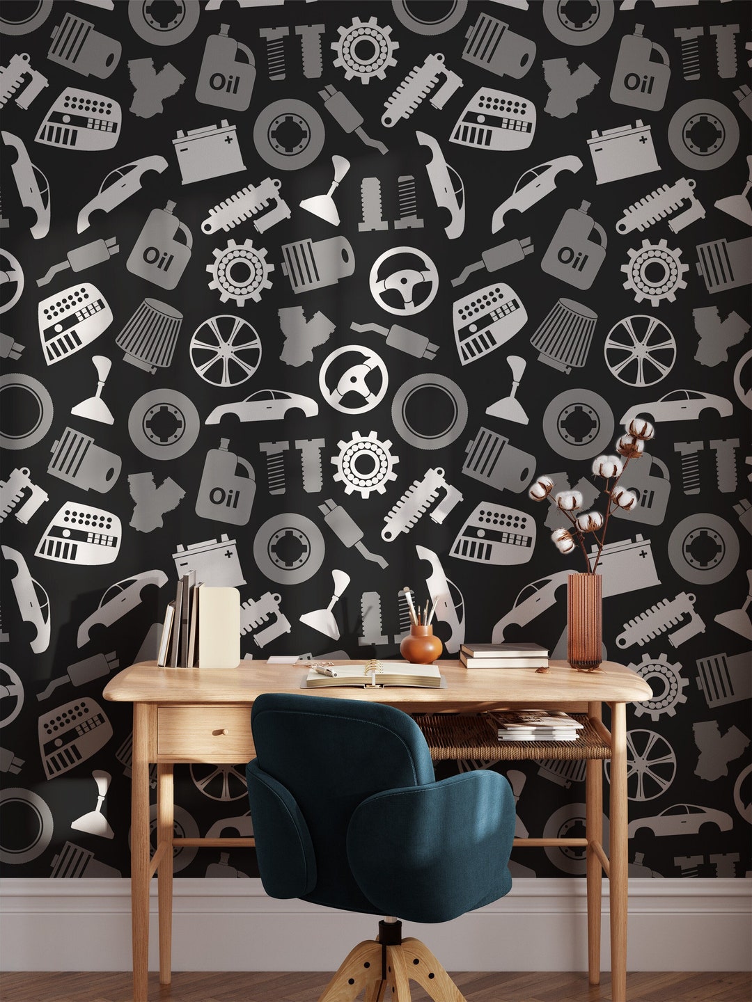 Car Mechanic Tools Peel & Stick Wallpaper, Automotive Pattern Wall ...