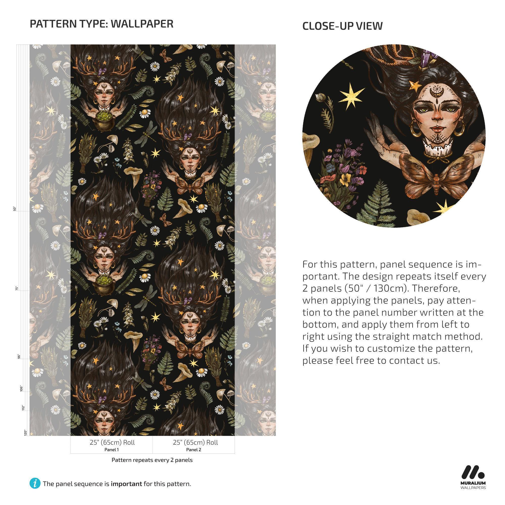 Enchanting Nature Goddess Peel & Stick Wallpaper, Whimsical Dark Witch ...
