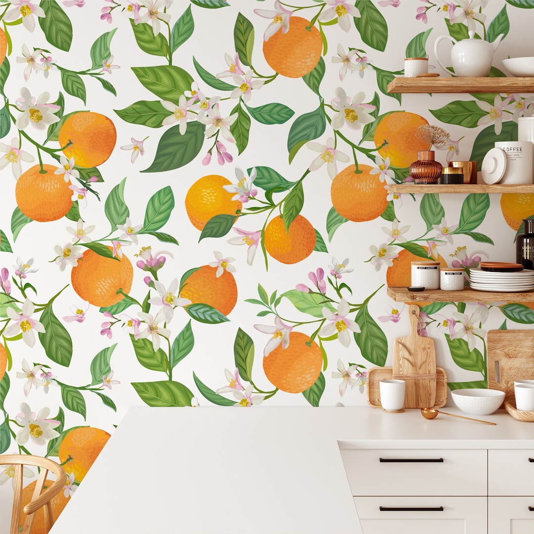 Oranges and Flowers Peel & Stick Wallpaper, Tropical Orange Blossom ...