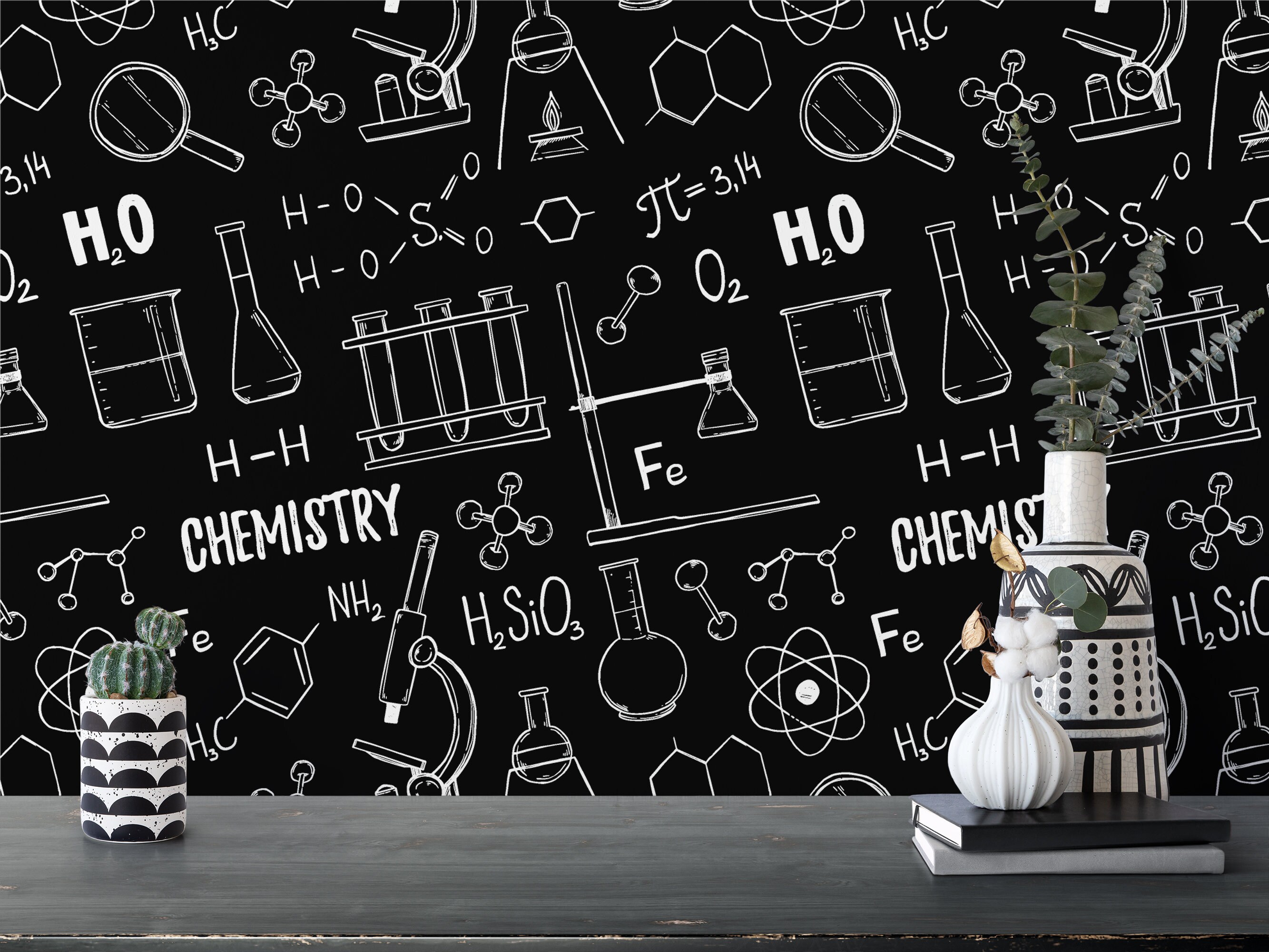 Chalkboard Chemistry Icons Wallpaper, Science Theme Wall Mural, Kids ...