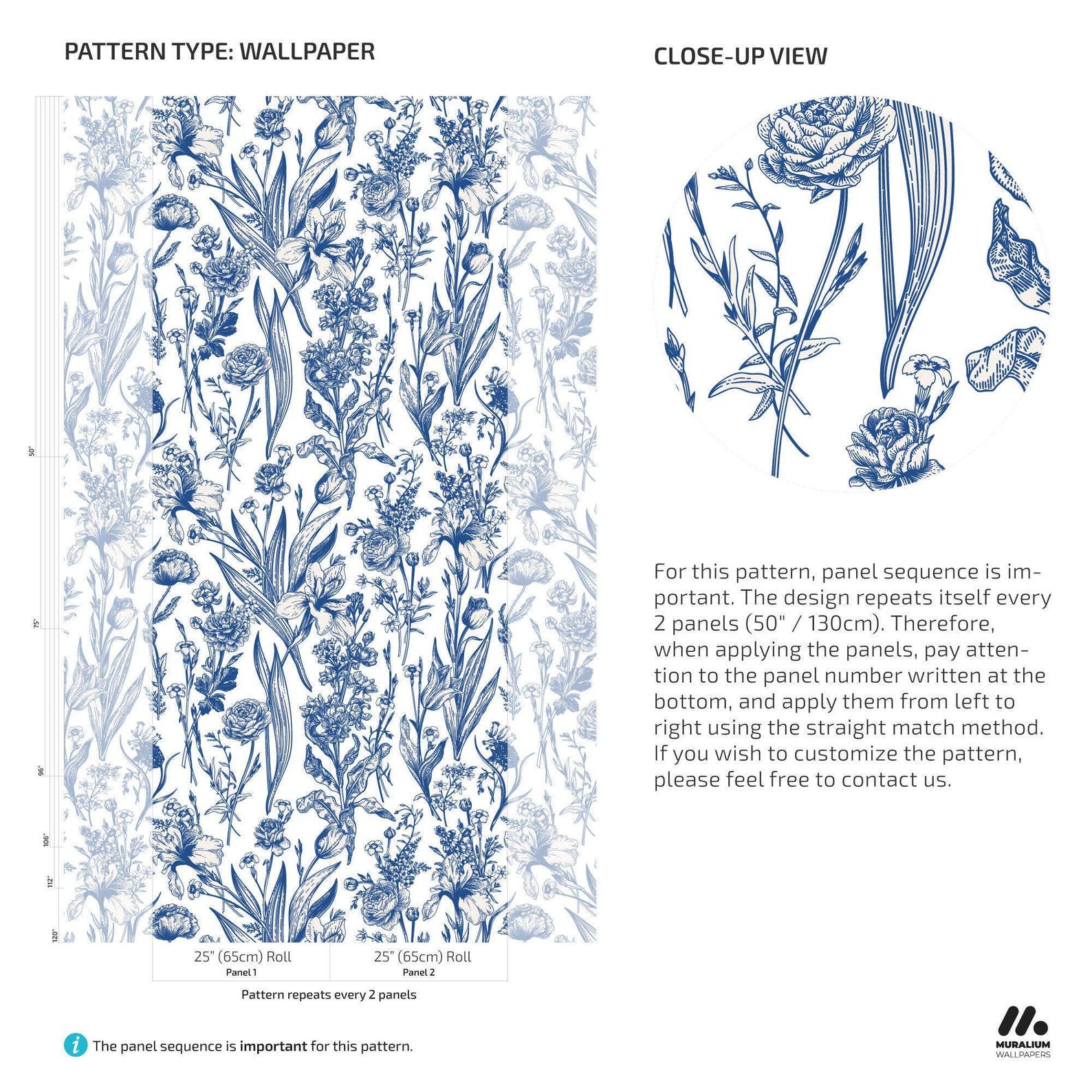 Dutch-inspired Blue Flowers and Leaves Peel & Stick Wallpaper, Vintage ...