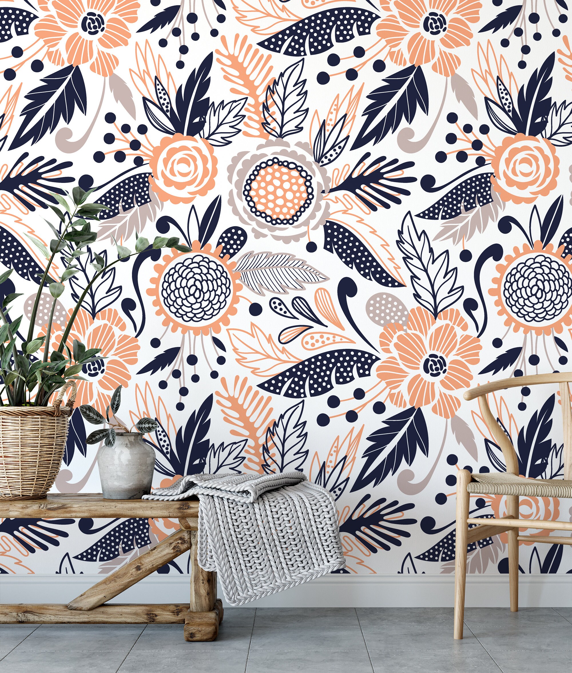 Abstract Floral Flat Art Style Peel & Stick Wallpaper, Contemporary ...