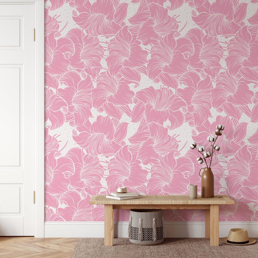 Large Pastel Pink Abstract Flowers Illustration Peel & Stick Wallpaper ...