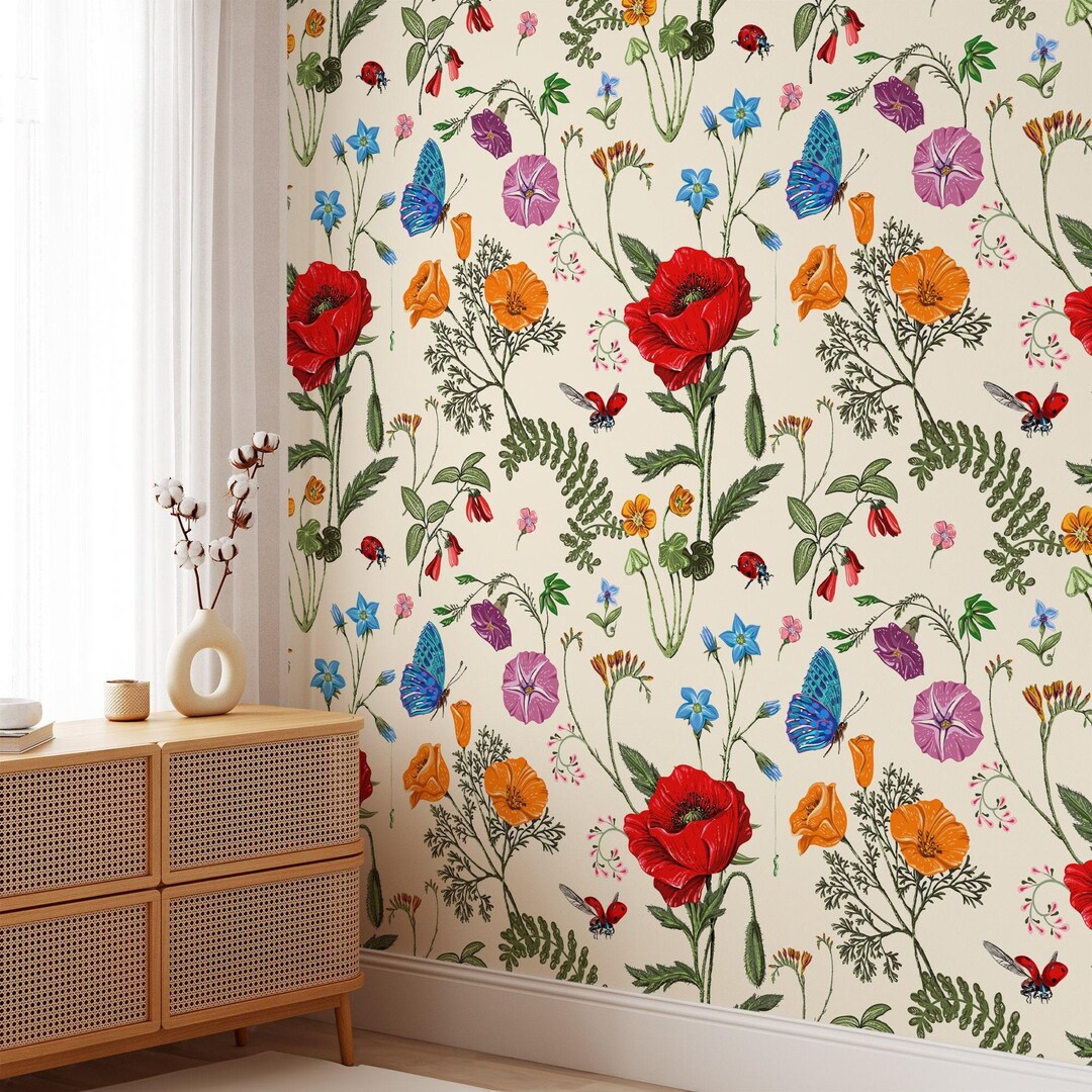 Floral Illustration With Bugs Peel & Stick Wallpaper, Whimsical ...
