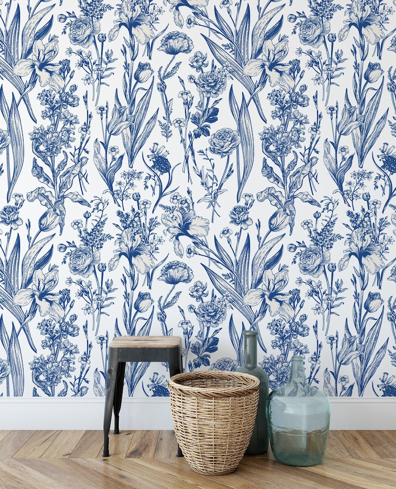 Dutch-inspired Blue Flowers and Leaves Peel & Stick Wallpaper, Vintage ...