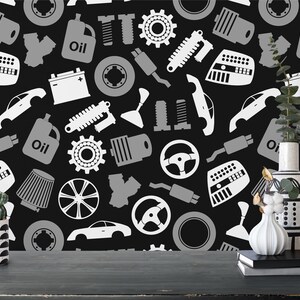 Car Mechanic Tools Peel & Stick Wallpaper, Automotive Pattern Wall ...