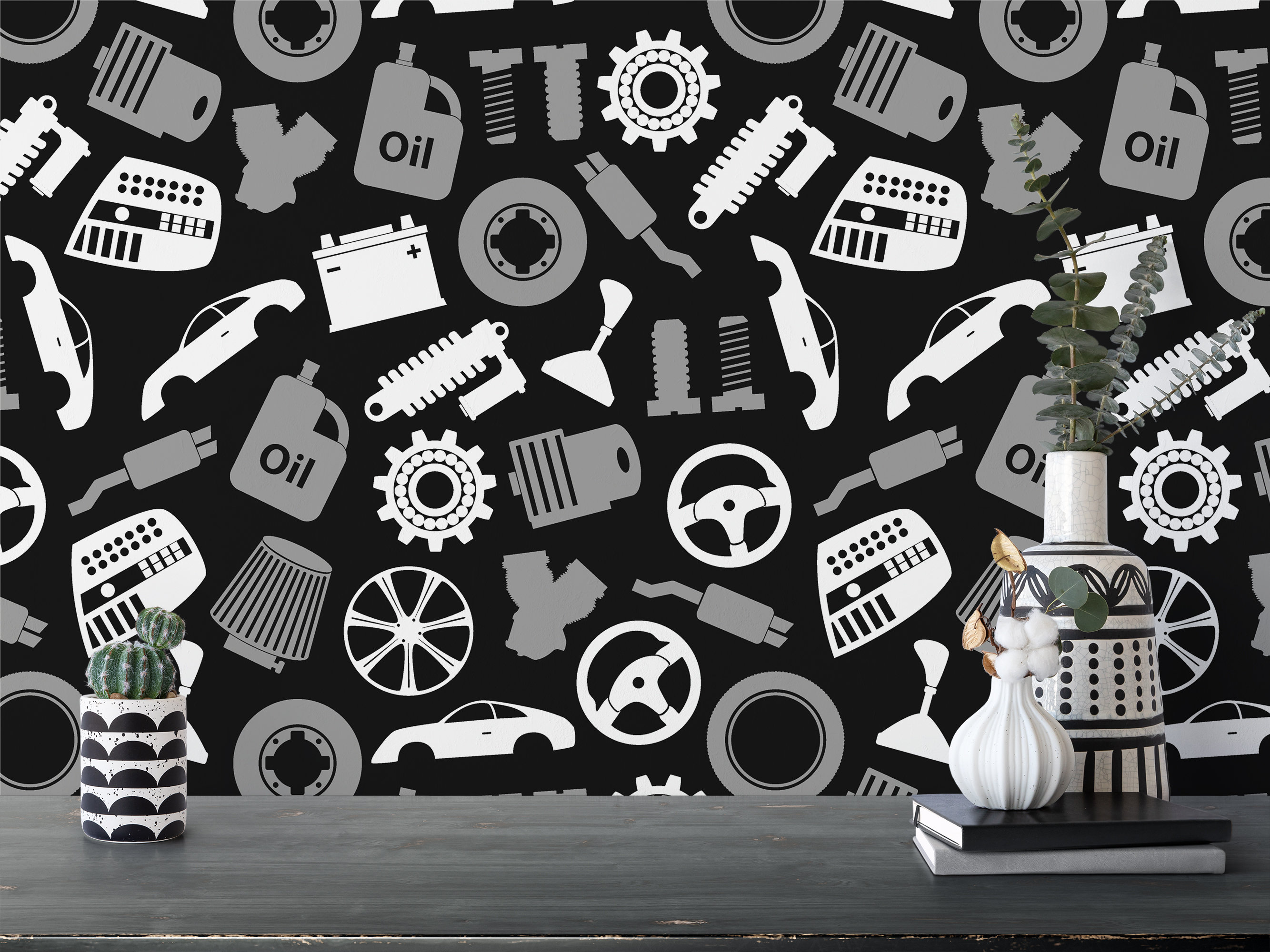 Car Mechanic Tools Peel & Stick Wallpaper, Automotive Pattern Wall ...