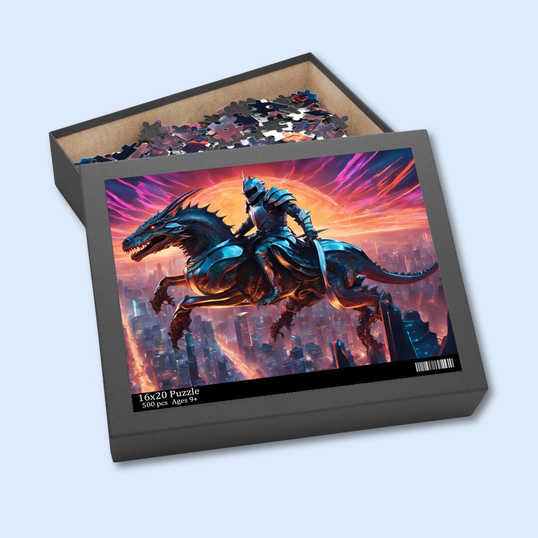 Puzzle, Medieval Knight Riding Robot Dragon in Futuristic City, Gift ...