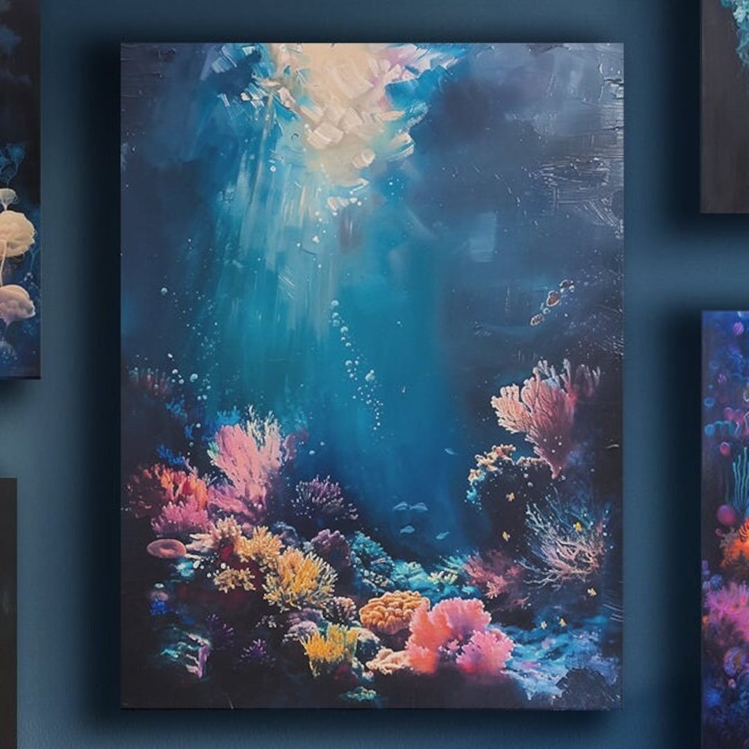 Coral Reef Wall Art on Stretched Canvas, Blue Aquatic Biophilic Decor ...