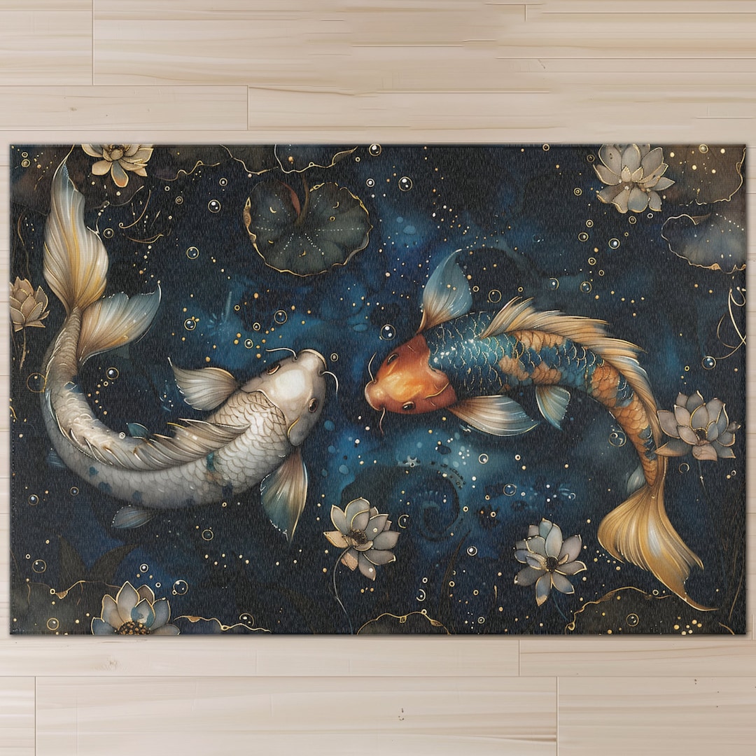 Dark Koi Pond Area Rug | Elegant, Illustrated Koi Fish on an Easy to ...
