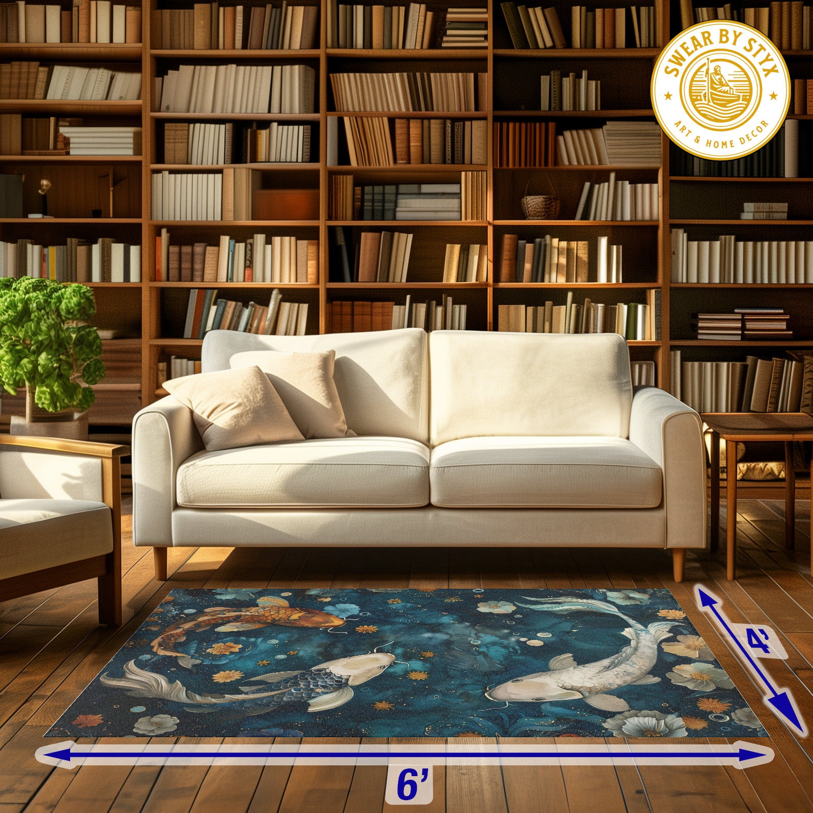 Three Koi Pond Area Rug | Elegant, Illustrated Koi Fish on an Easy to ...