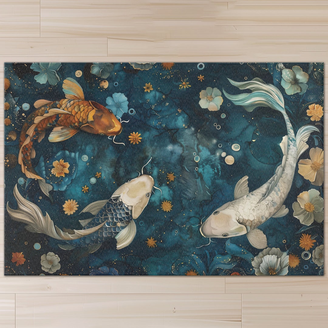 Three Koi Pond Area Rug | Elegant, Illustrated Koi Fish on an Easy to ...