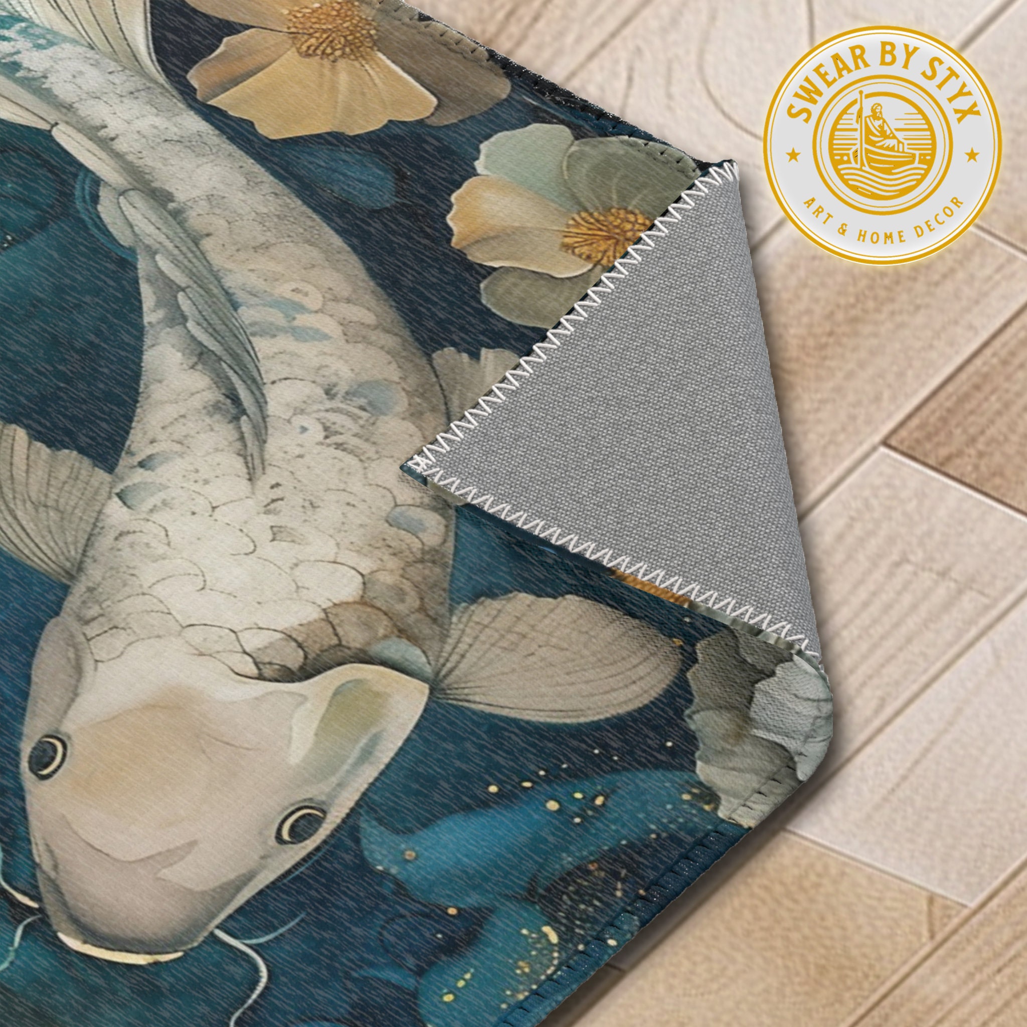 Three Koi Pond Area Rug | Elegant, Illustrated Koi Fish on an Easy to ...