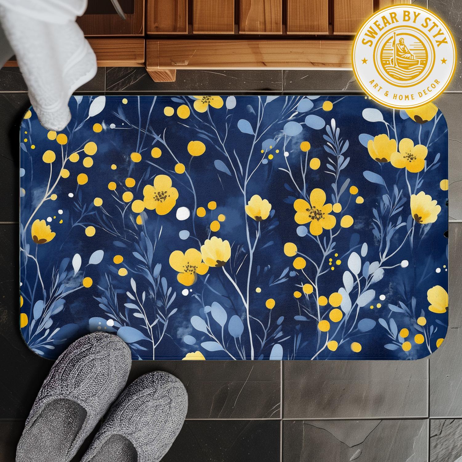 Blue Floral Bath Mat: Modern Farmhouse Microfiber Memory Foam - Etsy