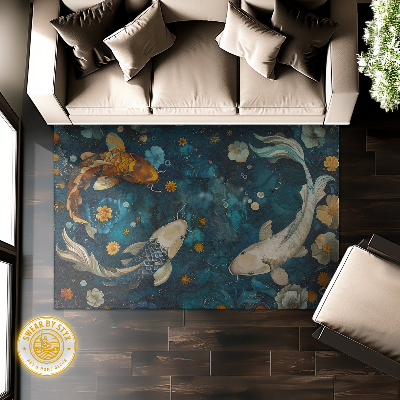 Three Koi Pond Area Rug | Elegant, Illustrated Koi Fish on an Easy to ...