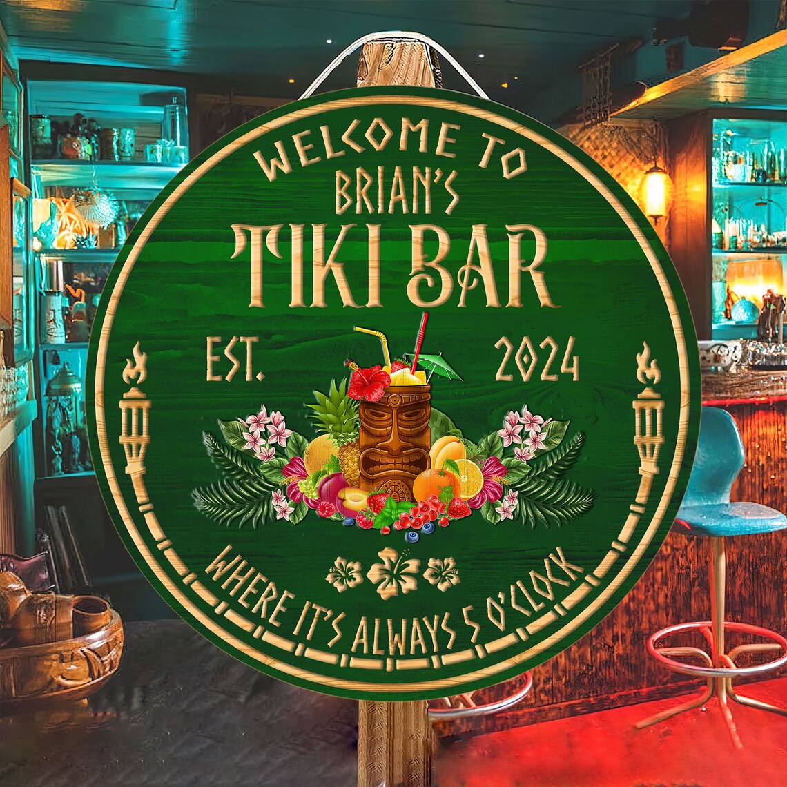 Personalized Tiki Bar Round Wood Sign Tiki Bar Tiki Hut Tiki Lounge ...
