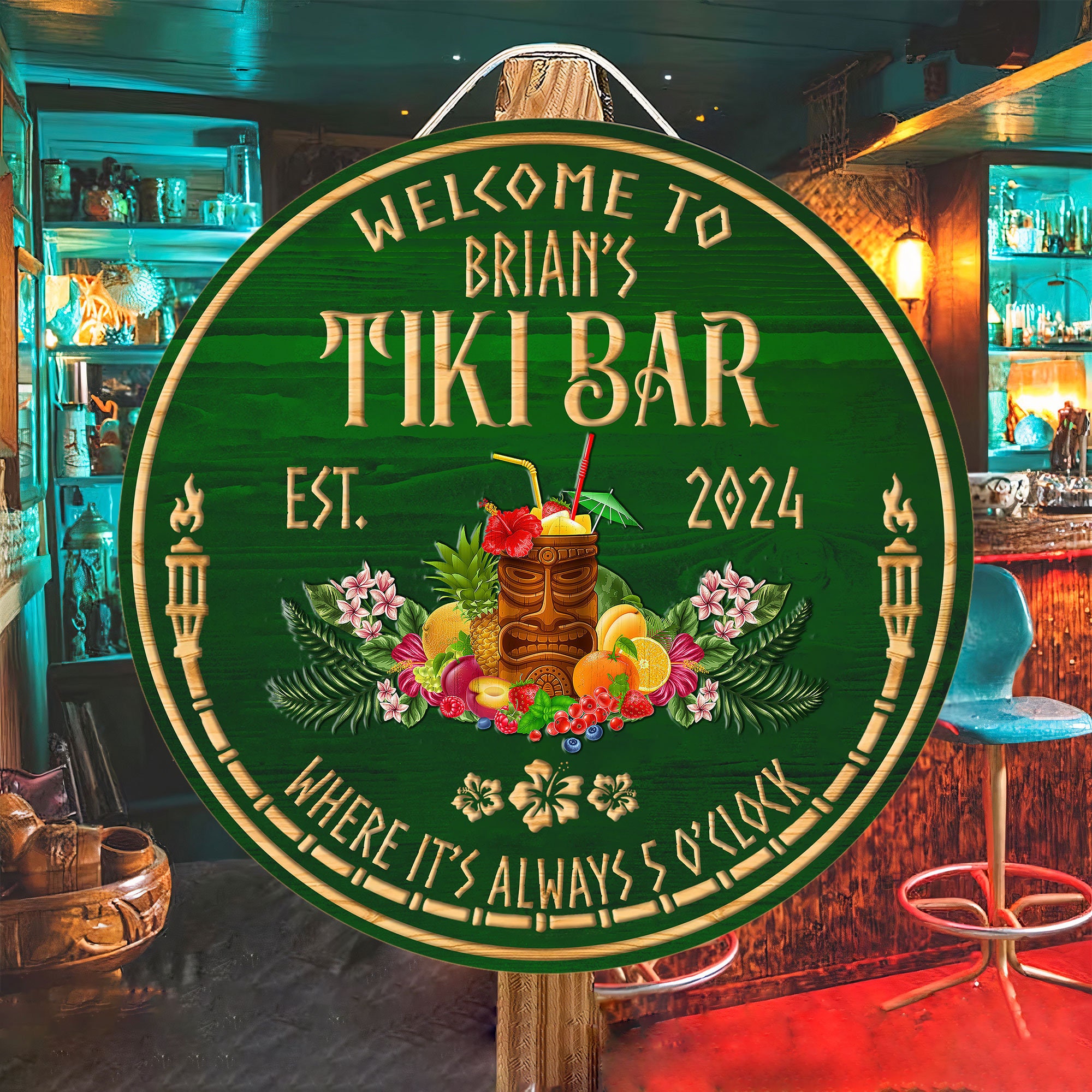 Personalized Tiki Bar Round Wood Sign Tiki Bar Tiki Hut Tiki Lounge ...
