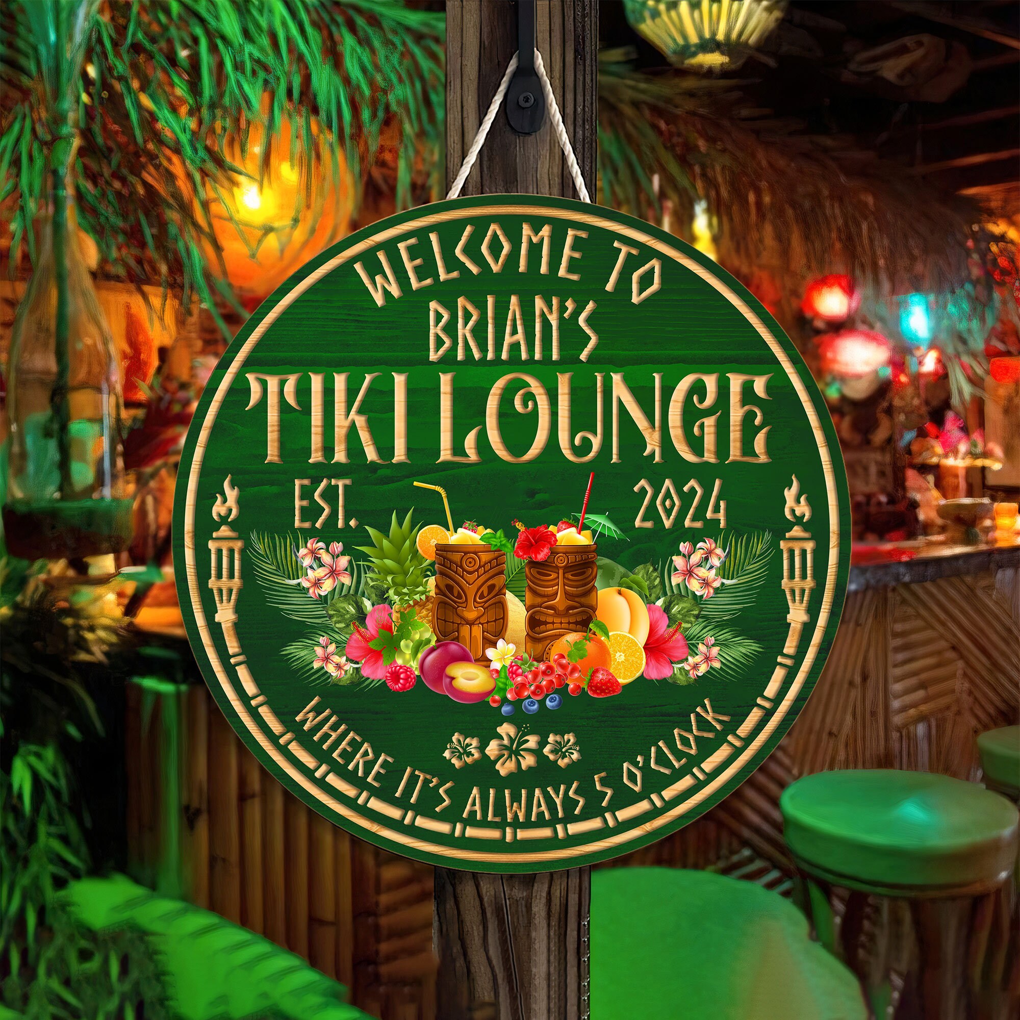 Personalized Tiki Bar Round Wood Sign Tiki Bar Tiki Hut Tiki Lounge ...