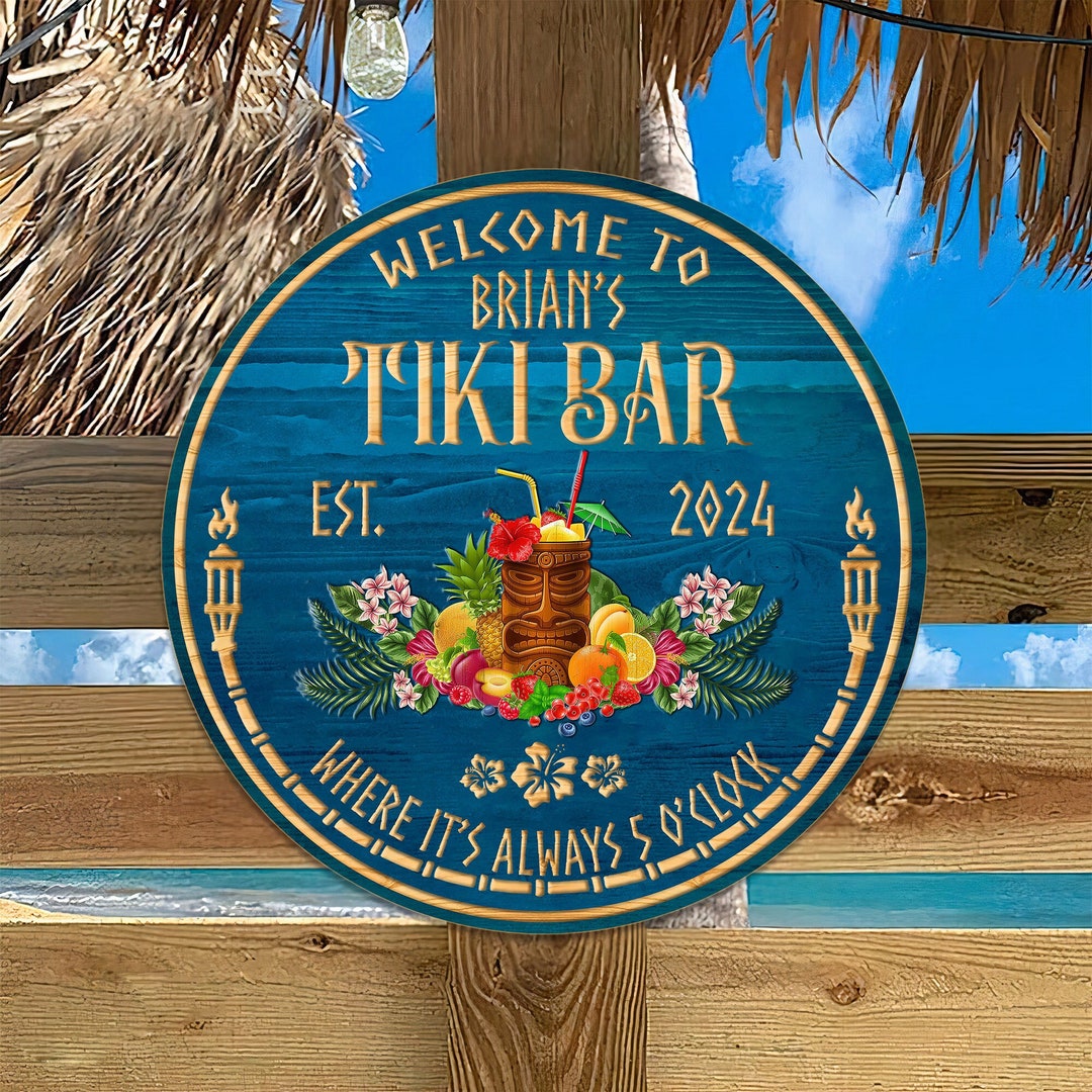 Personalized Tiki Bar Sign, Round Wood Decor for Outdoor Bar - Etsy