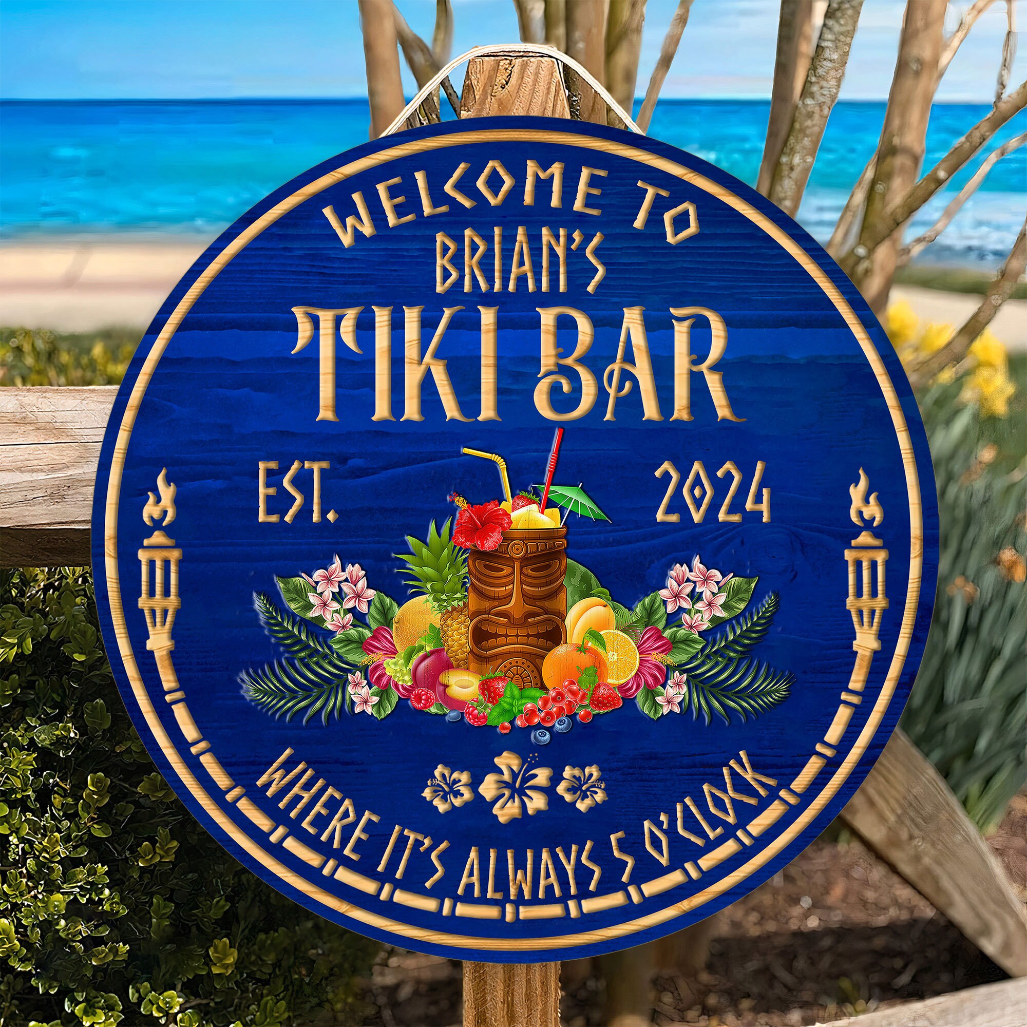 Personalized Tiki Bar Sign, Round Wood Decor for Outdoor Bar - Etsy