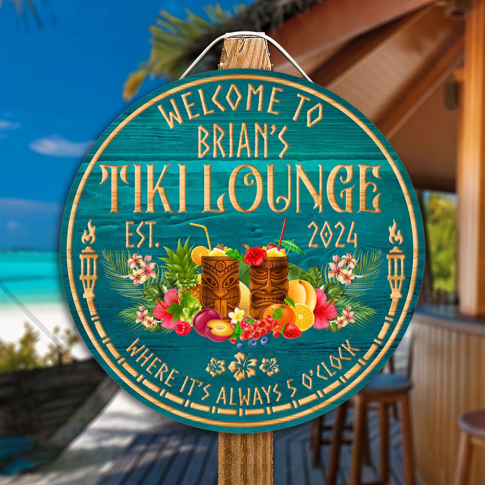 Personalized Tiki Bar Round Wood Sign Tiki Bar Tiki Hut Tiki Lounge Outdoor Bar Backyard Decor ...
