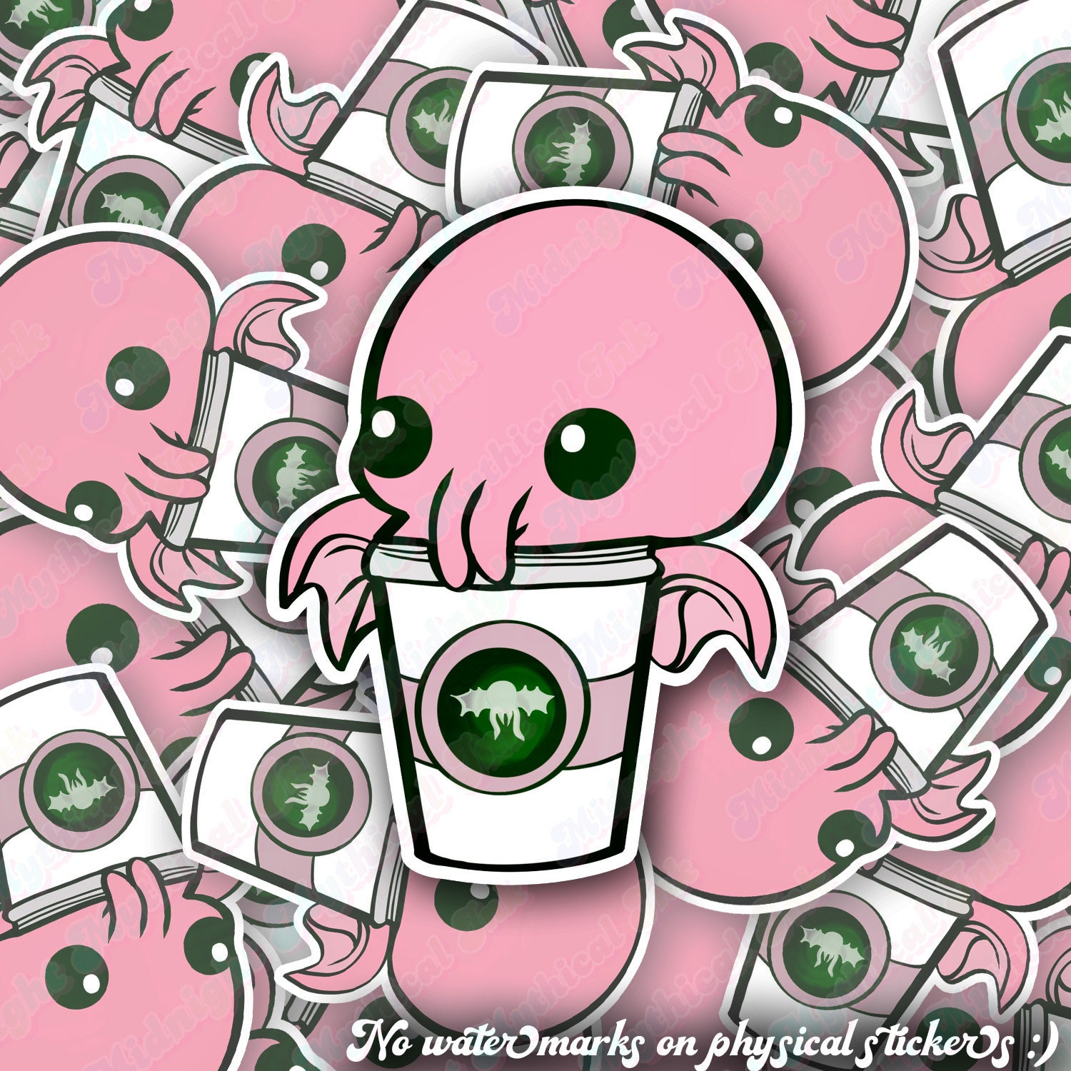 Pink Cthulhu Loves Coffee Sticker Cryptids & Mythical Creatures High ...
