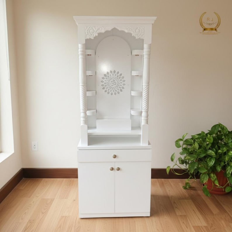 Handcrafted White Mango Wood Pooja Mandir - 80" Tall Prayer Temple With ...