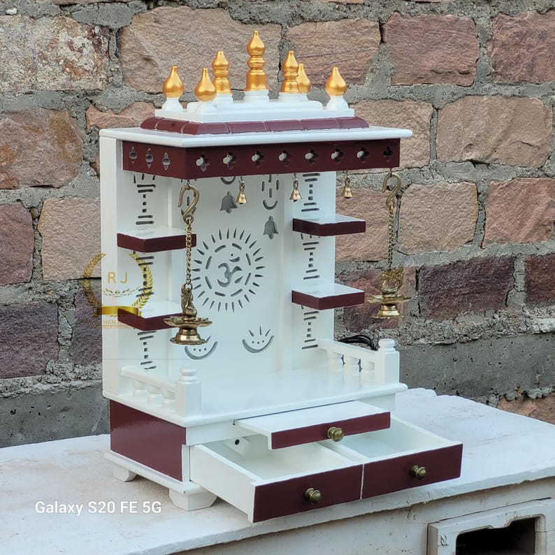 Handcrafted Wooden Home Mandir With LED Lighting & Brass Accessories ...