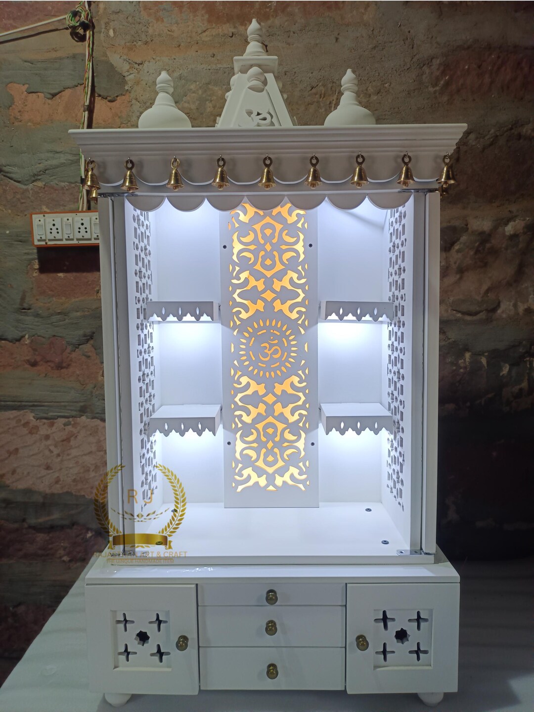 Handcrafted Wooden Pooja Mandir With LED Lights & Hanging Bells - Etsy UK