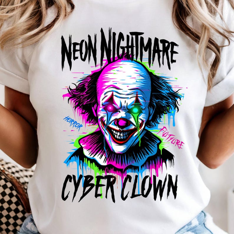 Neon Nightmare Cyber Clown PNG | Horror Glitch Art T-shirt Design ...