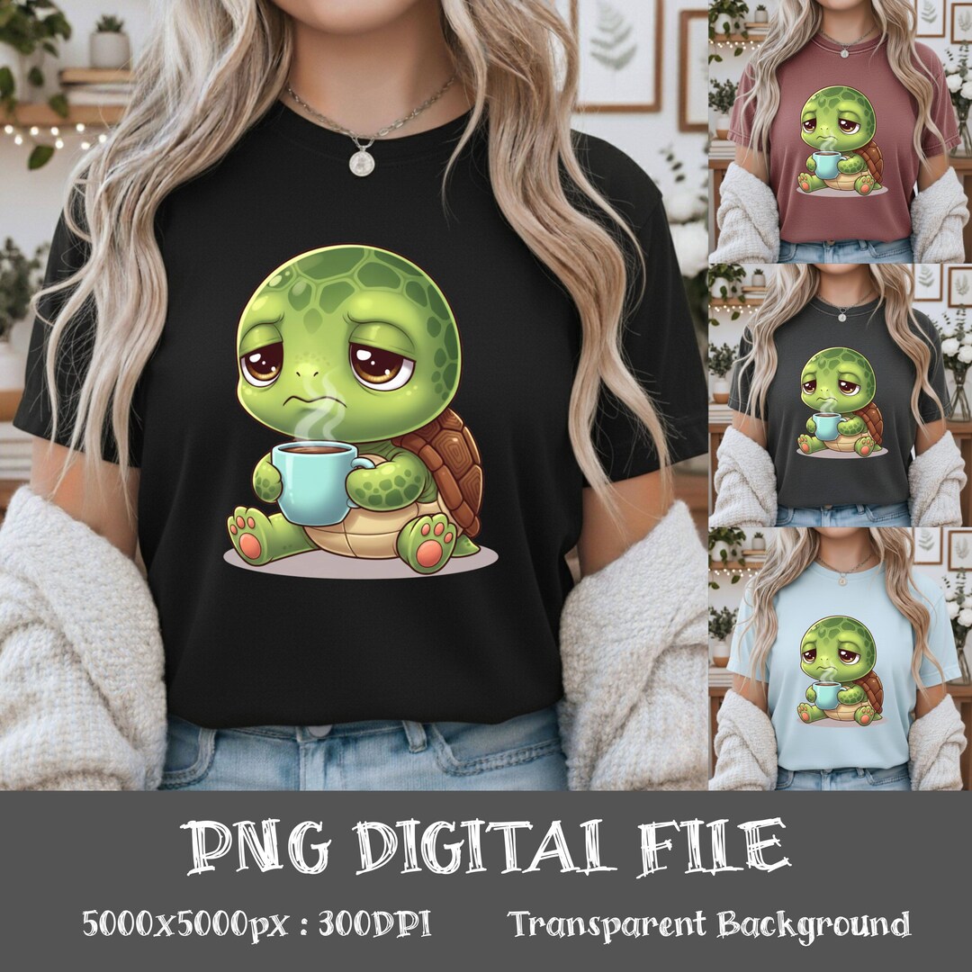 Tired Turtle Coffee PNG Sublimation Design, Sleepy Kawaii Cartoon ...