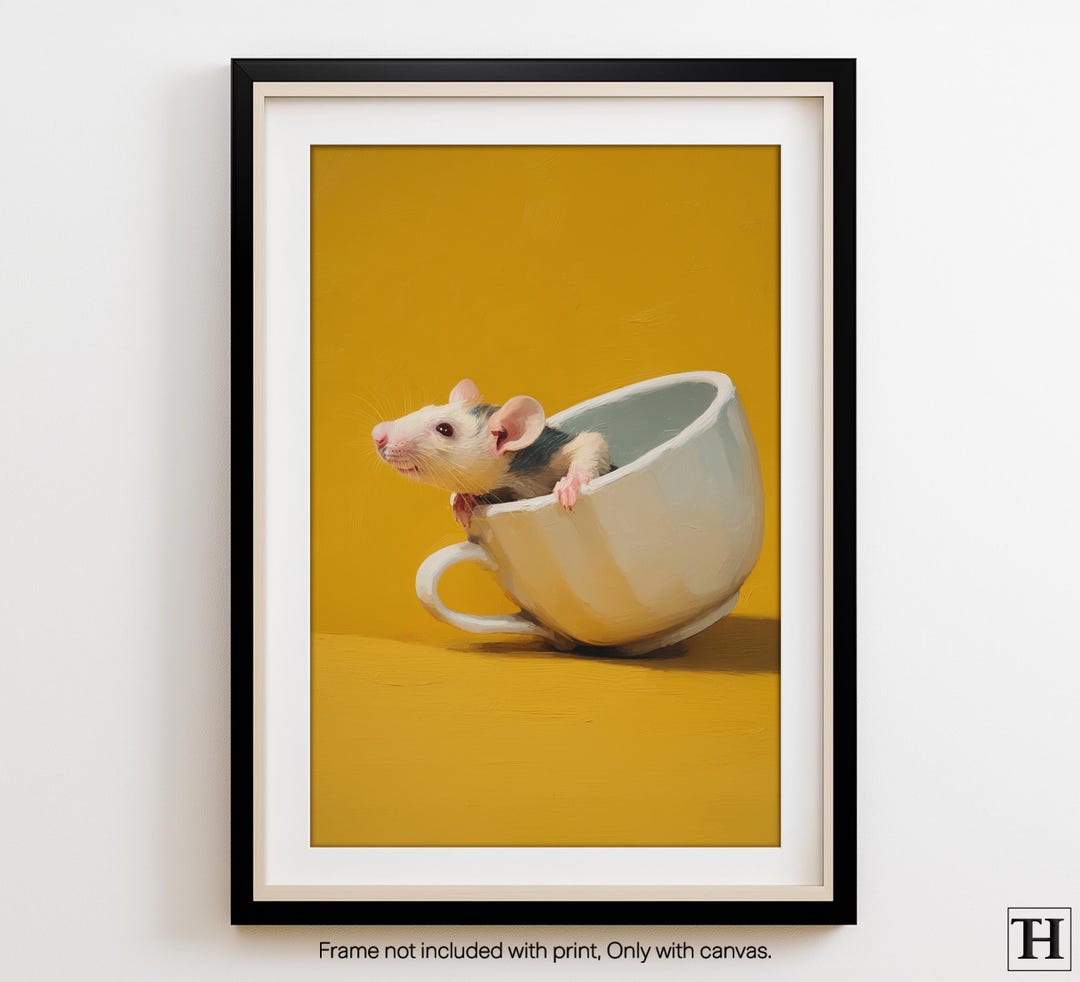 Whimsical Rat in Teacup Oil Painting Print, Cute Rodent Yellow Wall Art ...