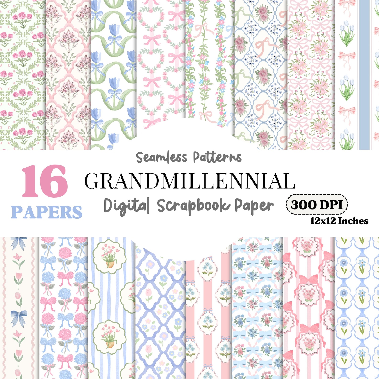 Grandmillennial Seamless Pattern, Pastel Watercolor Floral JPEG, Floral ...