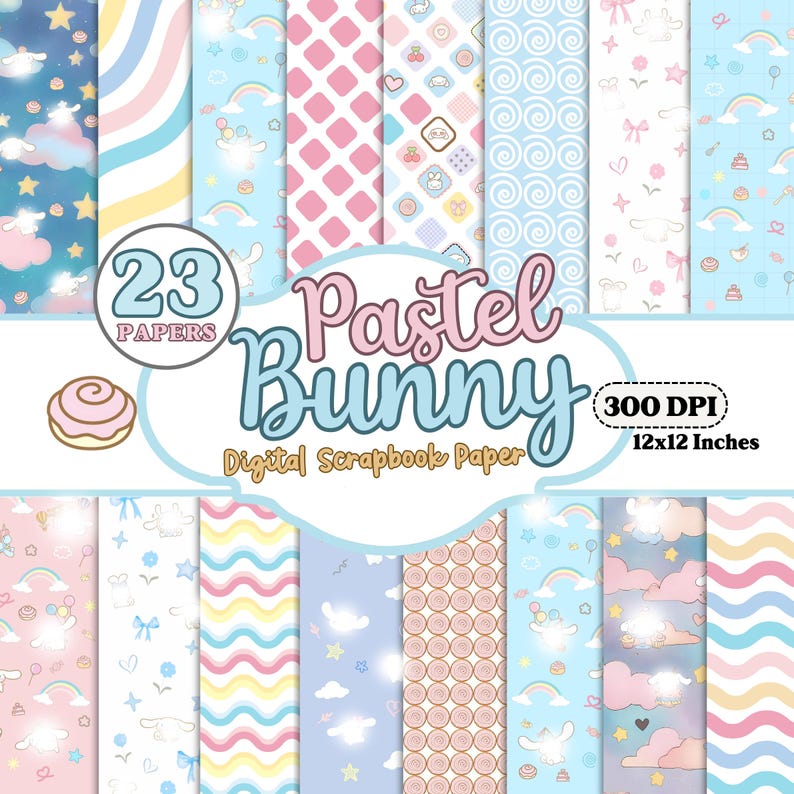 Blue Pink Pastel Bunny Digital Paper Scrapbook, White Bunny Paper ...