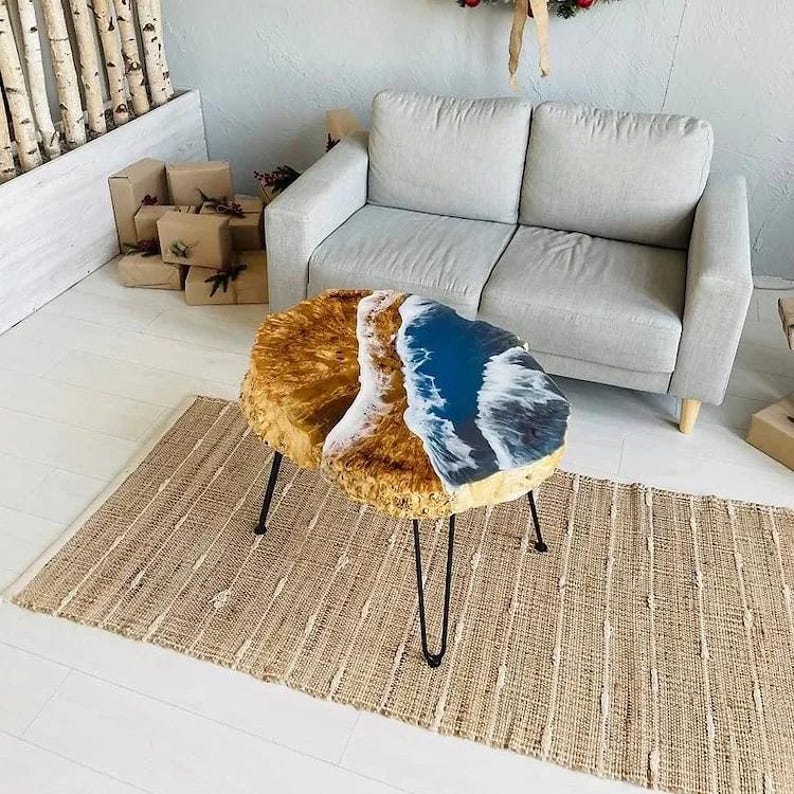 Ocean Wave Art Sea Coffee Table, Luxury Ocean Wood Resin Coffee Table ...