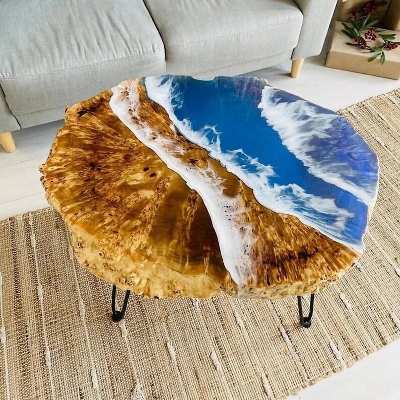 Ocean Wave Art Sea Coffee Table, Luxury Ocean Wood Resin Coffee Table ...