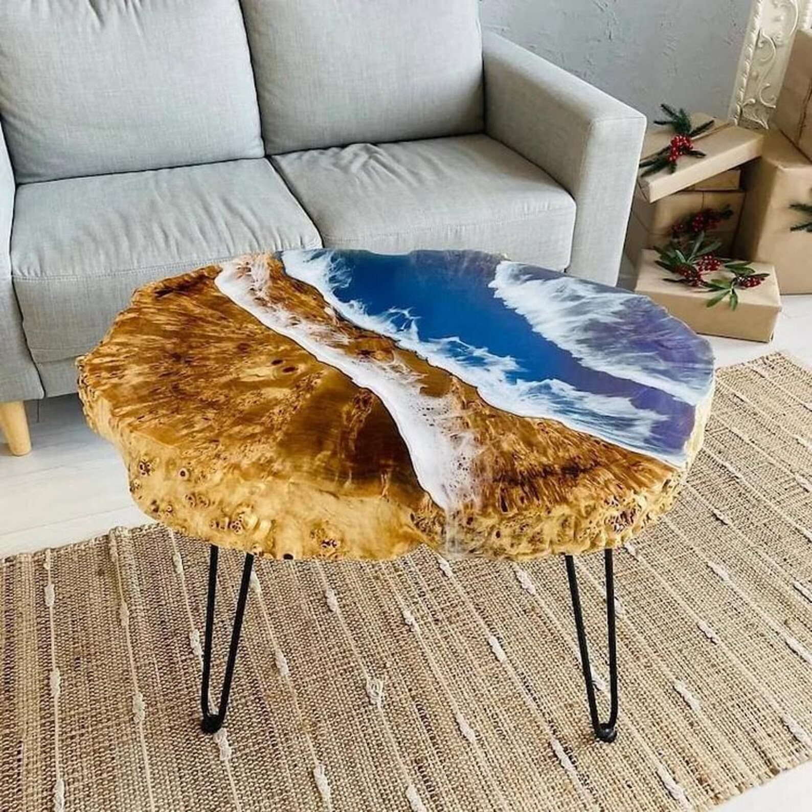 Ocean Wave Art Sea Coffee Table, Luxury Ocean Wood Resin Coffee Table ...