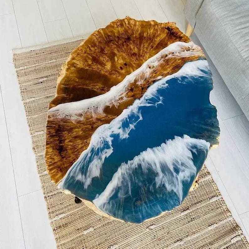 Ocean Wave Art Sea Coffee Table, Luxury Ocean Wood Resin Coffee Table ...