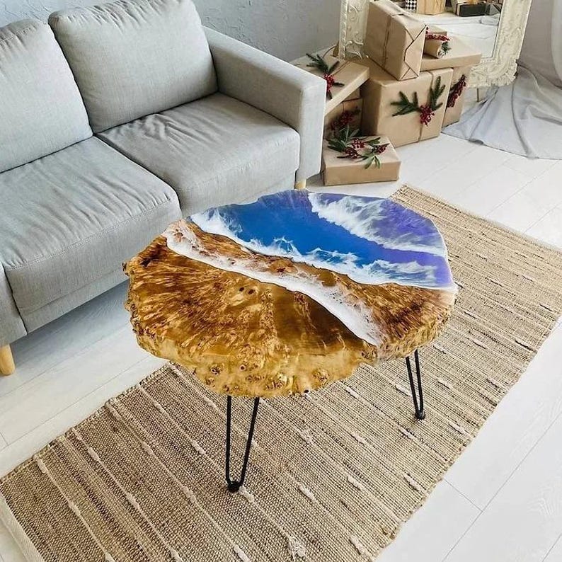 Ocean Wave Art Sea Coffee Table, Luxury Ocean Wood Resin Coffee Table ...