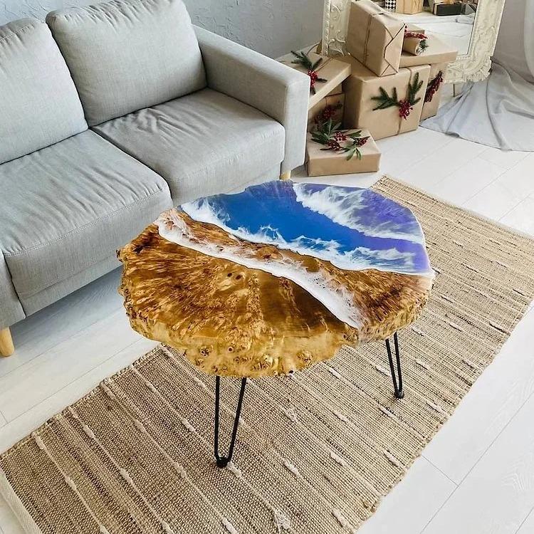 Ocean Wave Art Sea Coffee Table, Luxury Ocean Wood Resin Coffee Table ...