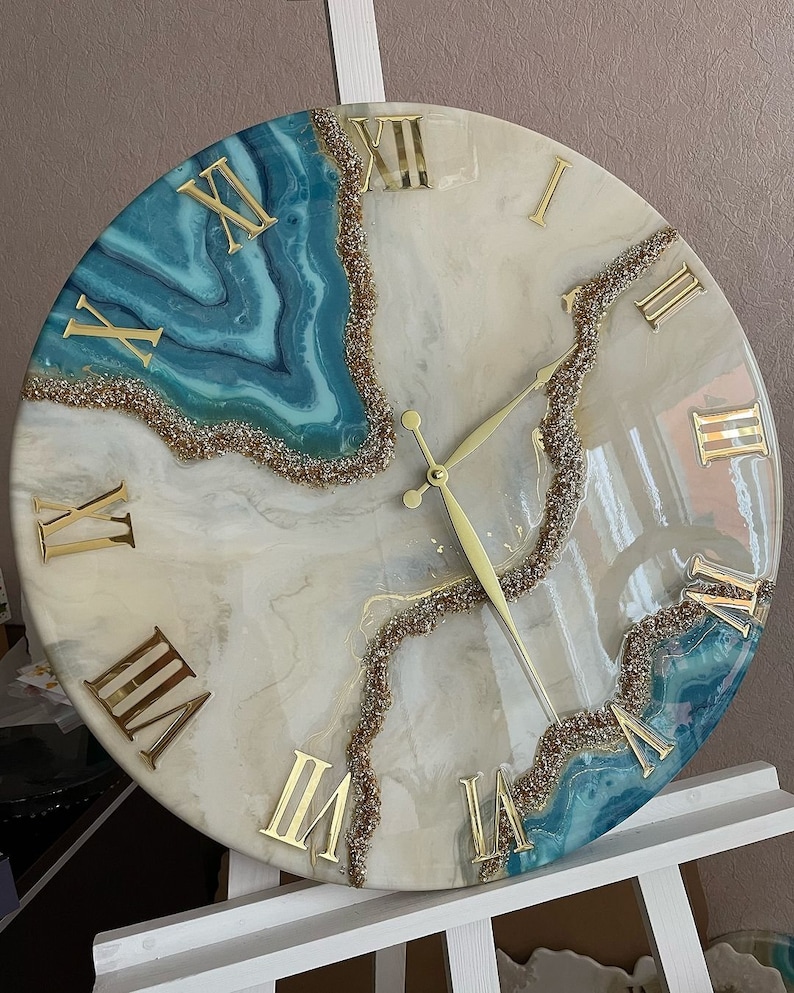 Housewarming Gift, Blue and White Stone-adorned Ornate Epoxy Wall Clock ...
