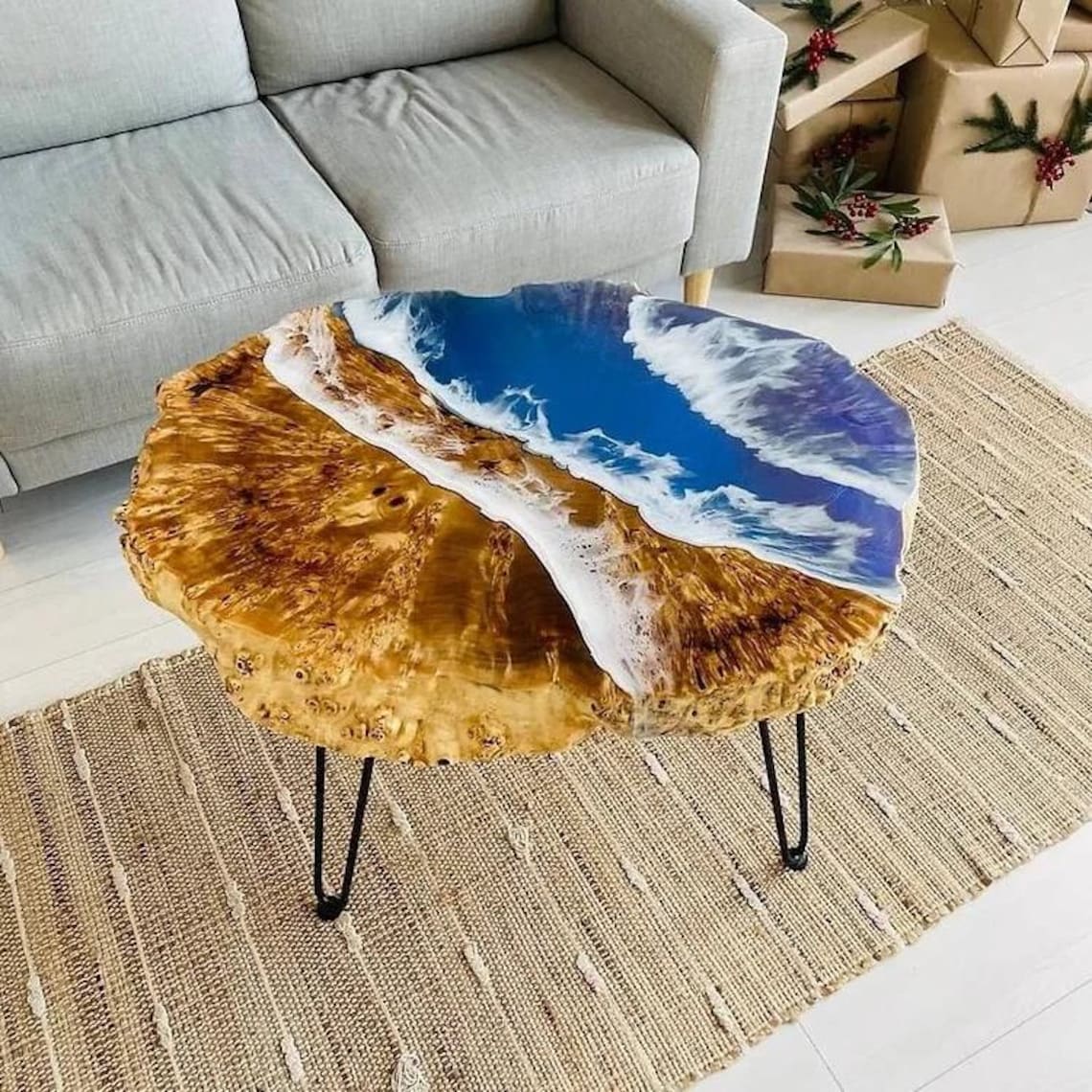 Ocean Wave Art Sea Coffee Table, Luxury Ocean Wood Resin Coffee Table ...