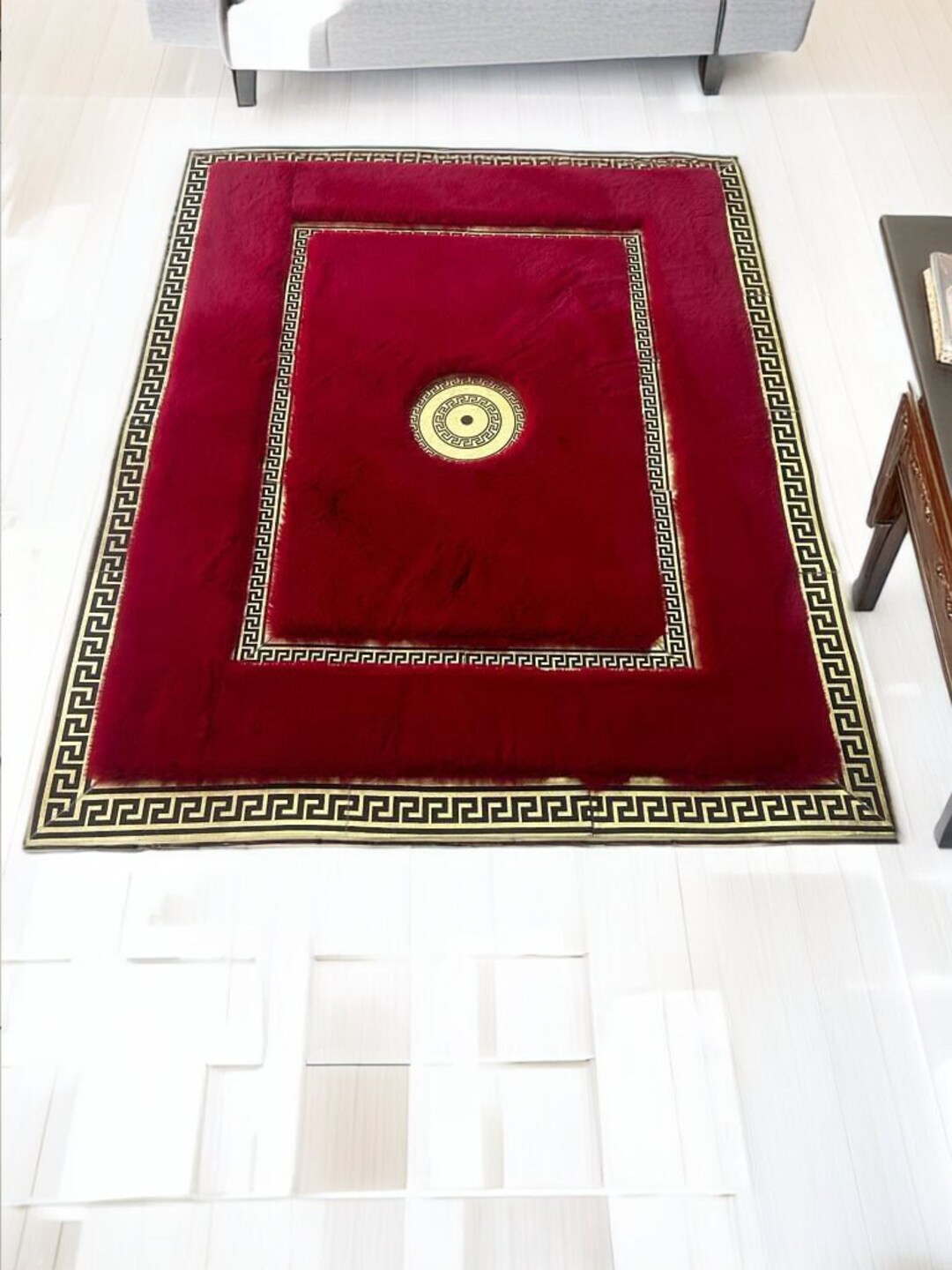 Geometric Plush Area Red Gold Faux Fur Unique 5x8 Large Rug, Red Plush ...