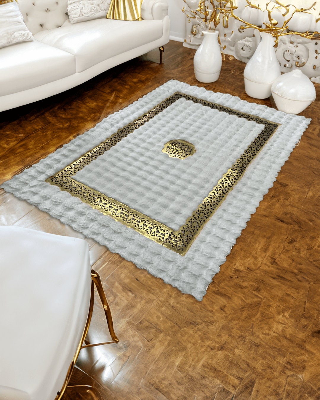 Geometric Plush Area White Gold Faux Fur Unique 8x10 Large Rug, White ...